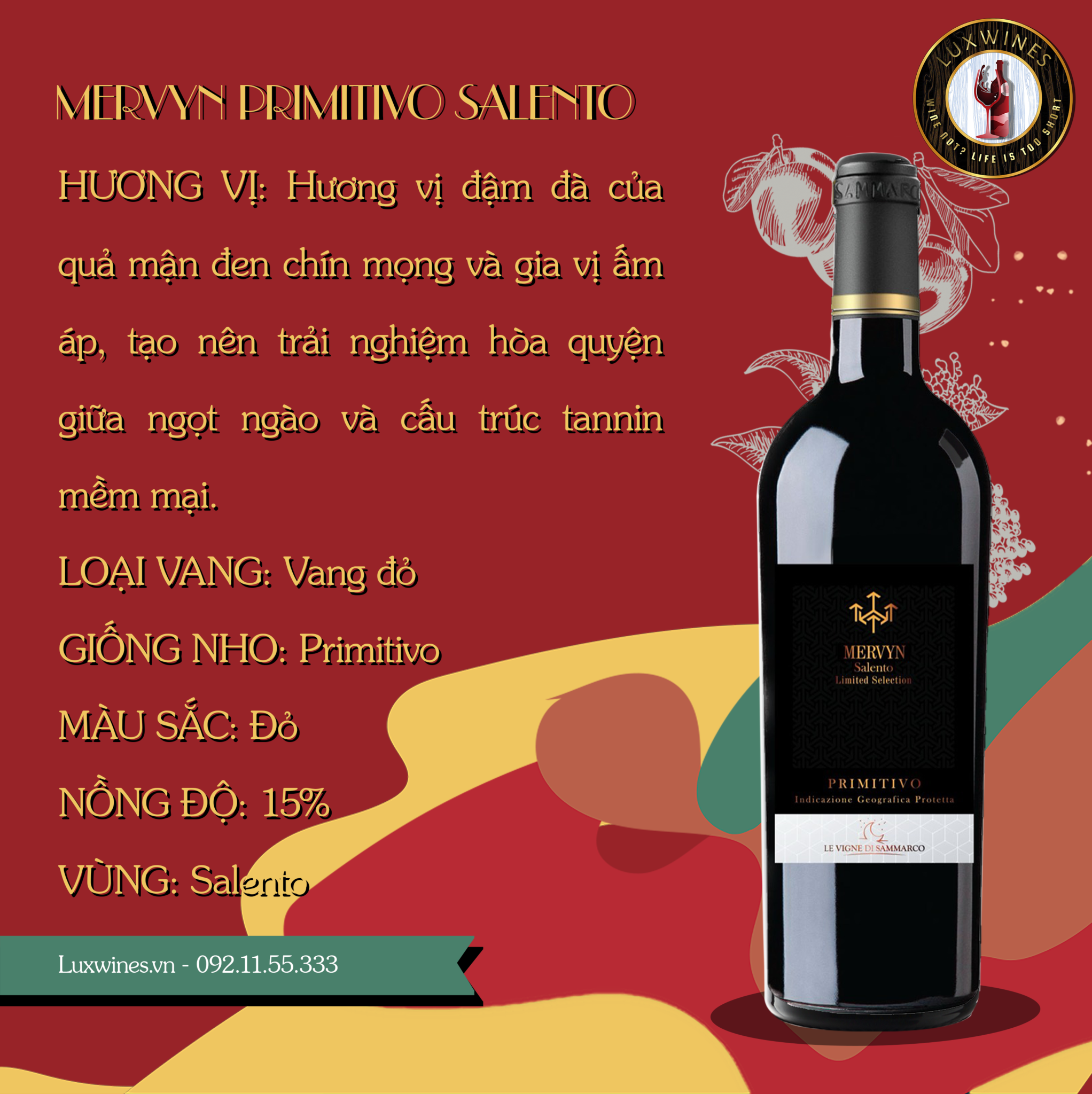 Rượu vang ý Mervyn Primitivo Salento - LUXWINES